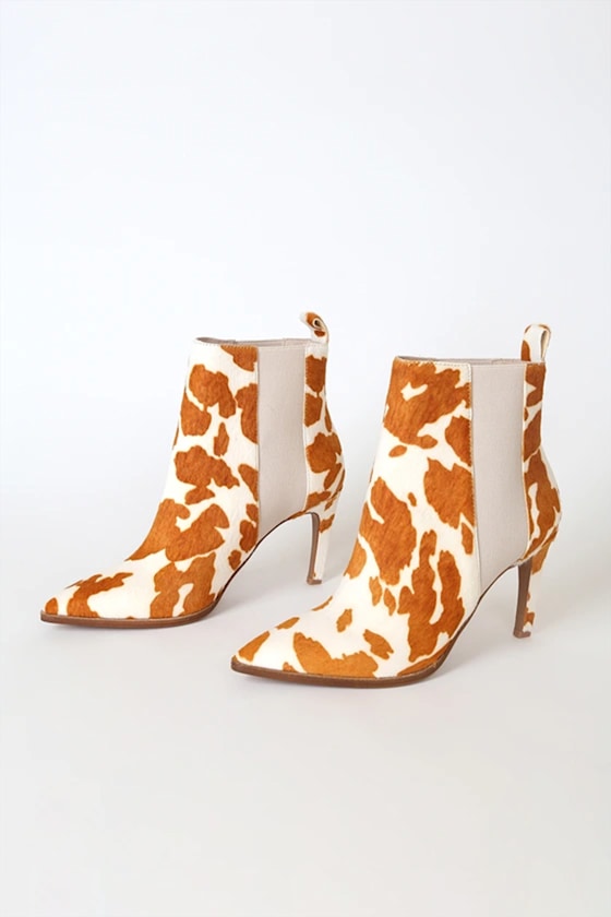 42 Gold Kensington Cognac Multi - Brown Cow Print Boots - Booties - Lulus