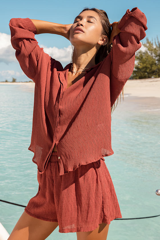 Terra Cotta Shorts - Crinkle Woven Shorts - Pull-On Shorts - Lulus