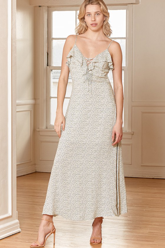 Cream Floral Dress - Ruffled Maxi Dress - Ditsy Floral Dress - Lulus