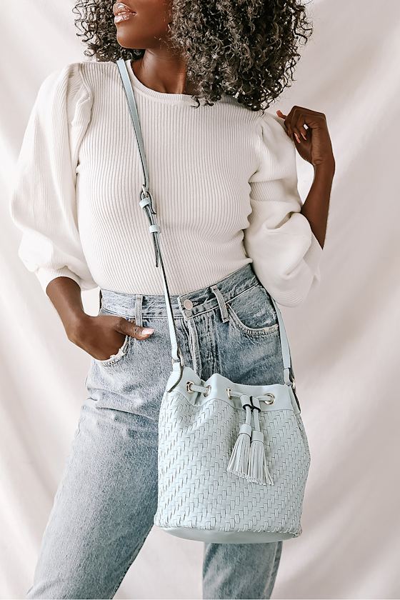 Blue Crossbody Bag - Woven Bucket Bag - Drawstring Bucket Bag - Lulus