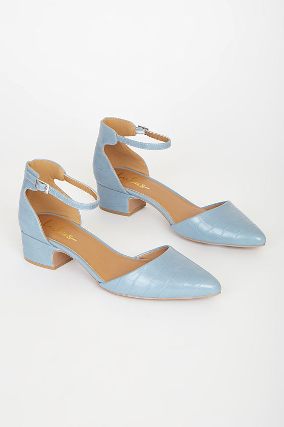 Slate Blue Crocodile Heels - Ankle Strap Pumps - Block Heel Pumps - Lulus