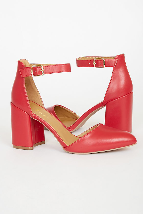Trendy Red Heels - Ankle Strap Heels - Faux Leather Block Heels - Lulus