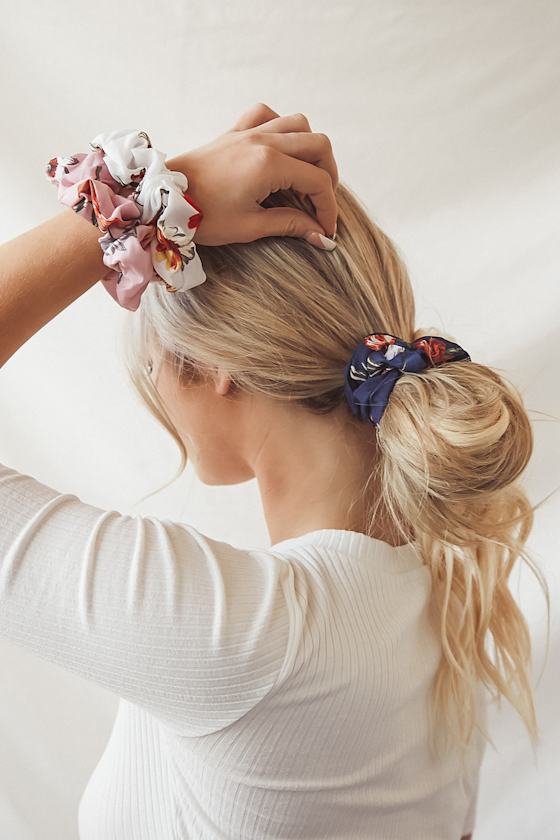Navy Blue Multi Scrunchie Set - Floral Print Scrunchie Set - Lulus