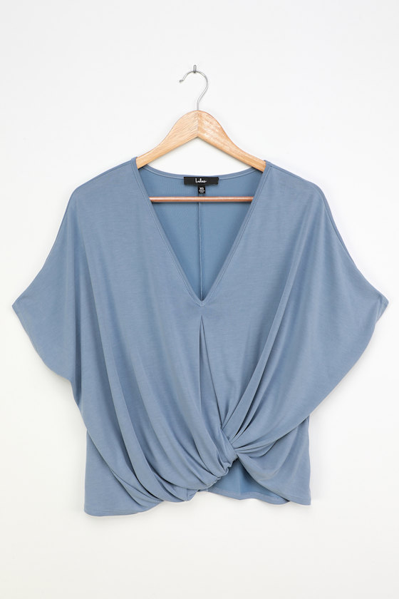 Cute Dusty Blue Top - Short Sleeve Top - Twist Front Top - Lulus
