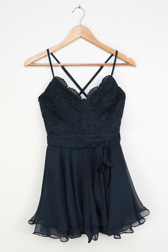 Navy Blue Romper - Backless Romper - Crochet Lace Romper - Lulus