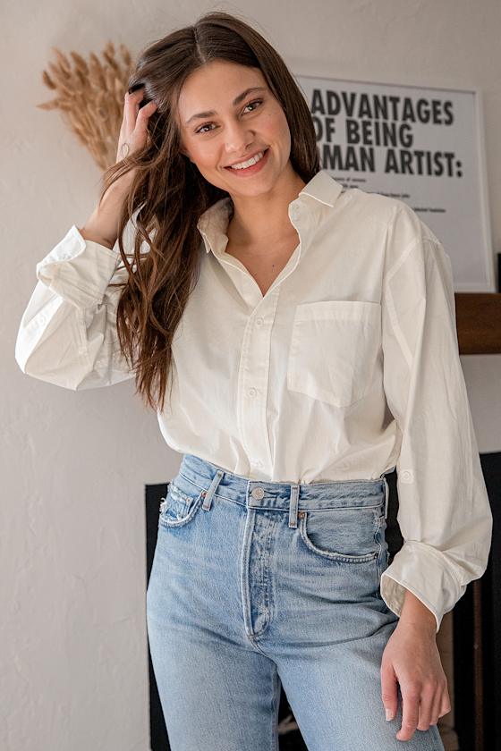 White Button Up Top Oversized Button Up Long Sleeve Button Up Lulus