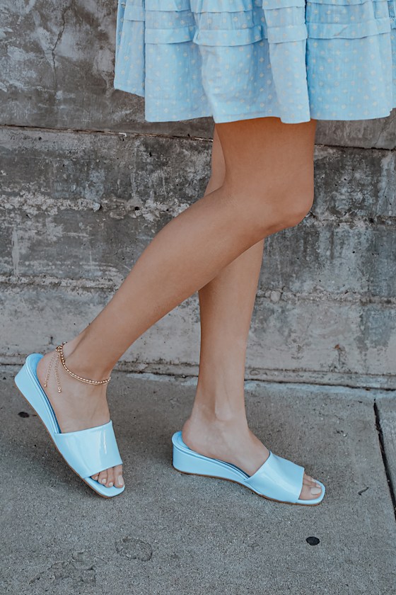 Cute Blue Heels - Wedge Sandals - Patent Faux Leather Heels - Lulus