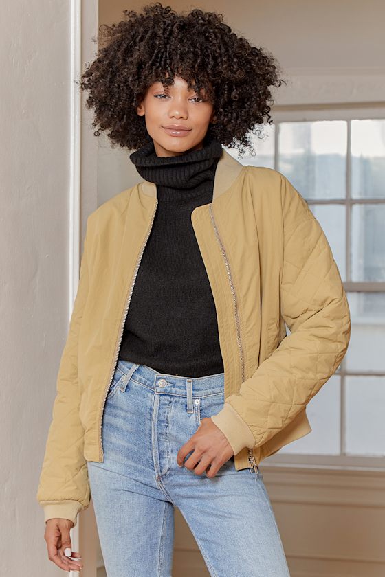 Beige Bomber Jacket - Quilted Bomber Jacket - Zip-Up Jacket - Lulus