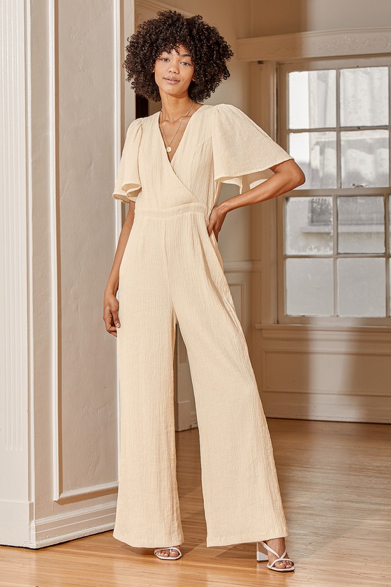 Cream Jumpsuit Surplice Jumpsuit Crinkle Woven Jumpsuit Lulus