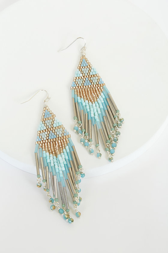 Mint Blue Earrings - Multi Beaded Earrings - Boho Fringe Earrings - Lulus