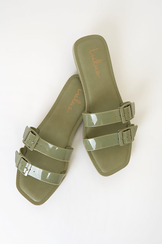 Sage Green Sandals - Patent Faux Leather Sandals - Slide Sandals - Lulus