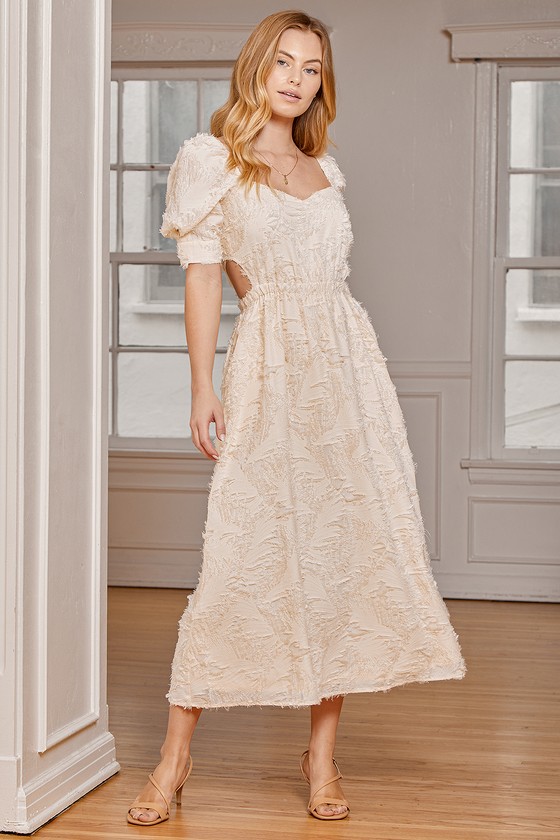 Cream Midi Dress Jacquard Midi Dress Puff Sleeve Dress Lulus