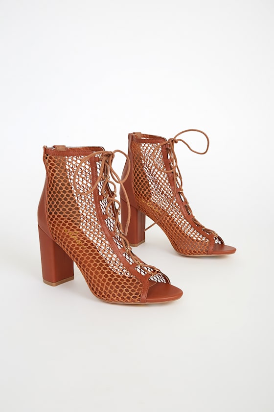 Tan Booties - Mesh Bootie - Peep-Toe Boots - Lace-Up Boots - Lulus