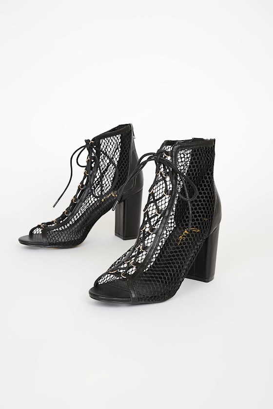 Black Booties - Mesh Bootie - Peep-Toe Boots - Lace-Up Boots - Lulus