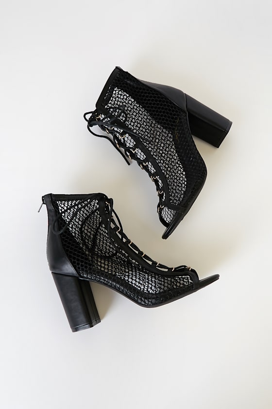 Black Booties - Mesh Bootie - Peep-Toe Boots - Lace-Up Boots - Lulus