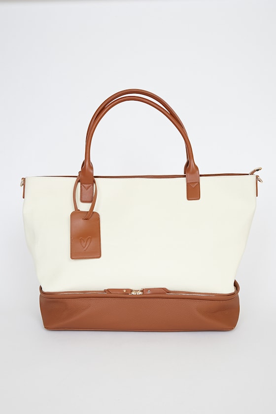 Ivory and Brown Tote Bag - Faux Leather Handbag - Oversized Bag - Lulus