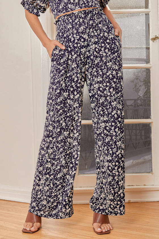 Navy Blue Floral Pants - Floral Print Pants - Wide Leg Pants - Lulus