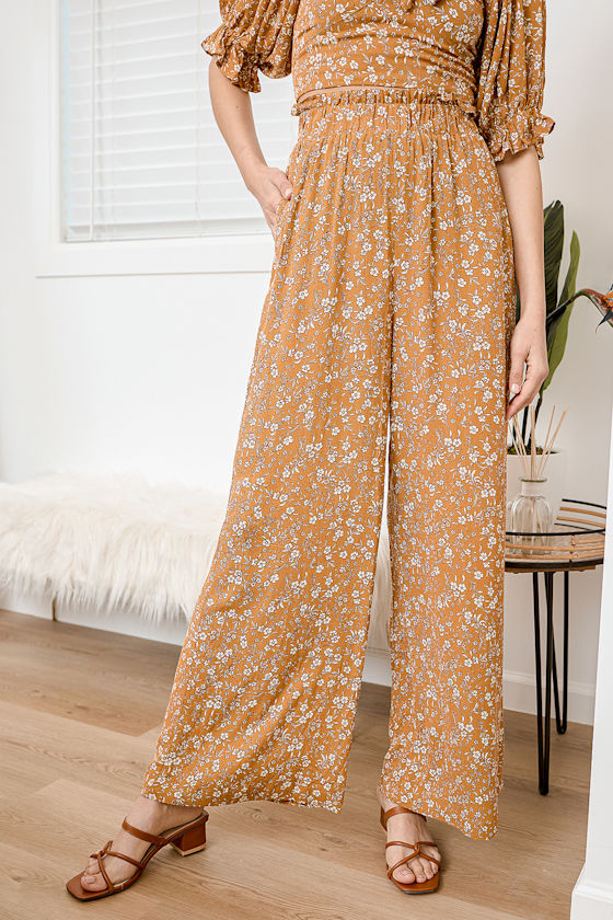 Golden Yellow Floral Pants - Floral Print Pants - Wide Leg Pants - Lulus