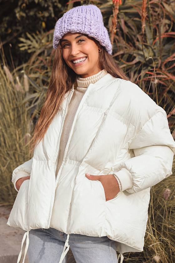Ivory Puffer Jacket - Oversized Bomber Jacket - Quilted Jacket - Lulus