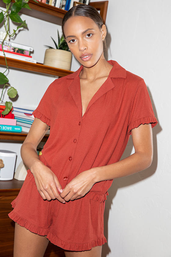 Rusty Rose Pajamas - Two-Piece Pajama Set - Ruffled Pajama Set - Lulus