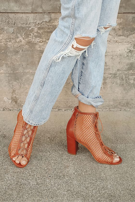 Tan Booties - Mesh Bootie - Peep-Toe Boots - Lace-Up Boots - Lulus