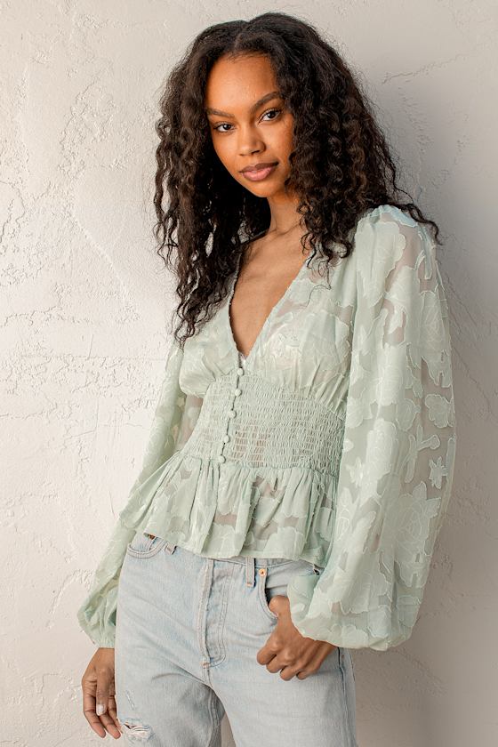 Green Floral Top - Jacquard Top - Floral Embossed Long Sleeve Top - Lulus