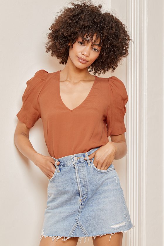 Rust Orange Blouse - Puff Sleeve Top - Short Sleeve V-Neck Top - Lulus