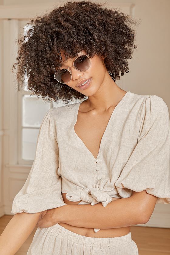 Beige Puff Sleeve Top - Tie-Front Crop Top - Button-Up Top - Lulus