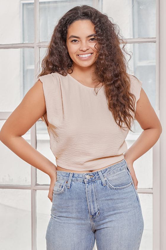 Beige Sleeveless Top - Pleated Crop Top - Muscle Tank Top - Lulus
