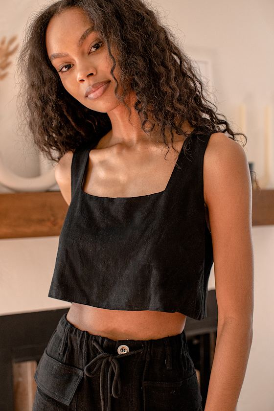 Black Tank Top Cropped Tank Top Square Neck Top 2 Piece Set Lulus