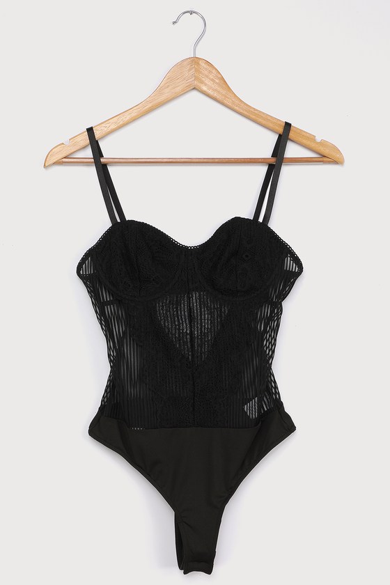 Black Lace Bodysuit Sheer Striped Bodysuit Bustier Bodysuit Lulus
