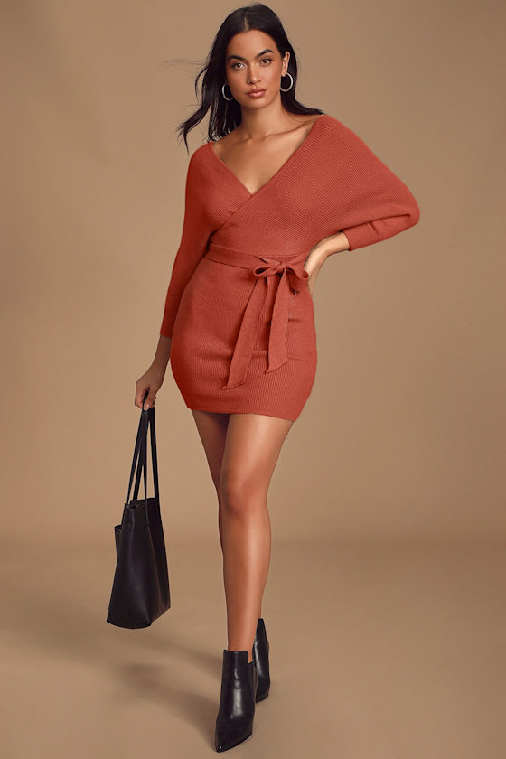 Cute Rust Brown Dress - Bodycon Dress - Surplice Sweater Dress - Lulus