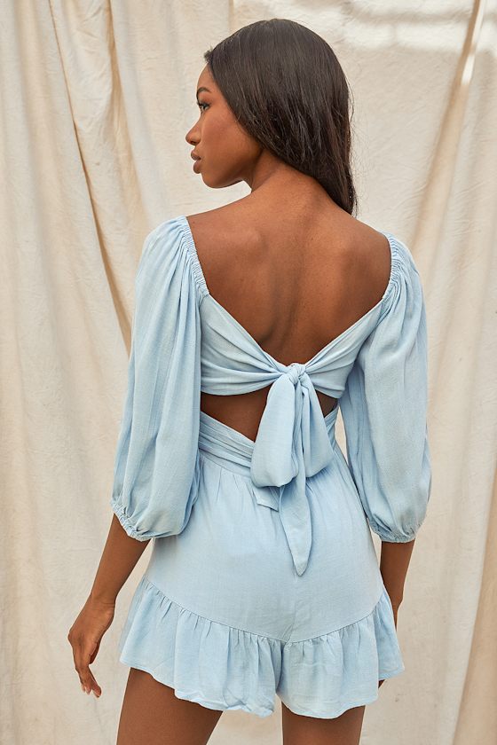 Light Blue Ruffled Romper - Puff Sleeve Romper - Tie-Back Romper - Lulus