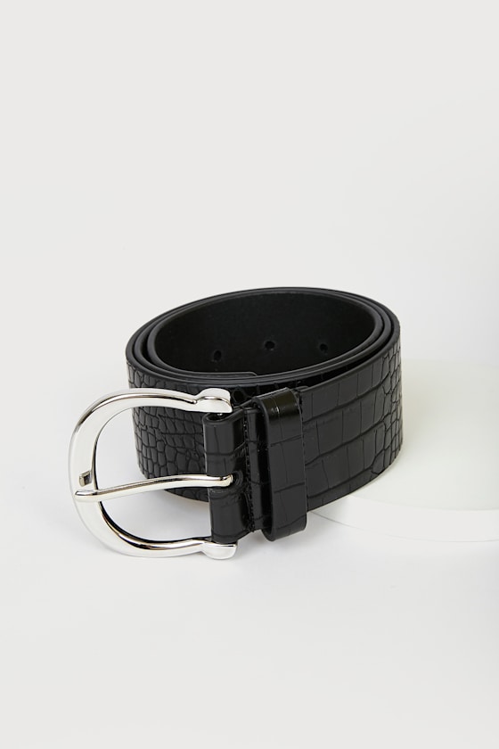 Black Belt - Crocodile-Embossed Belt - Faux Leather Belt - Lulus