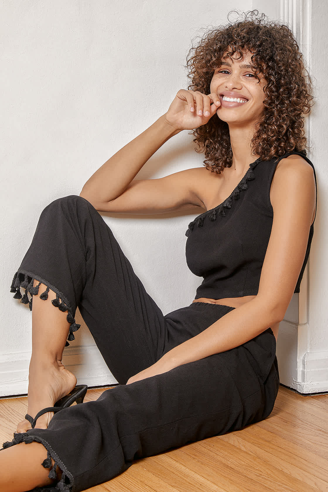 Boho Black Top - One-Shoulder Top - Tassel Top - Linen Crop Top - Lulus