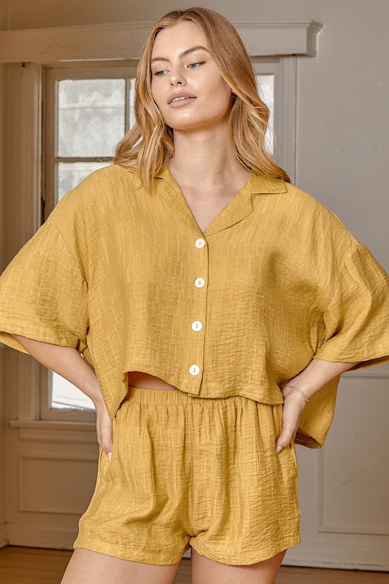 Yellow Button-Up Top - Collared Top - Cropped Button-Up Top - Lulus