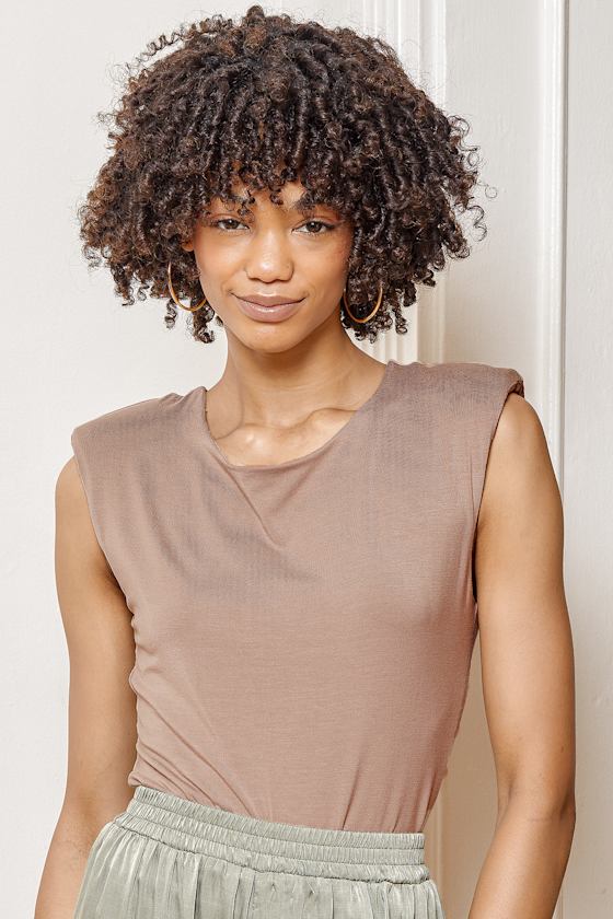 Shoulder Pad Bodysuit - Taupe Bodysuit - Crew Neck Bodysuit - Lulus