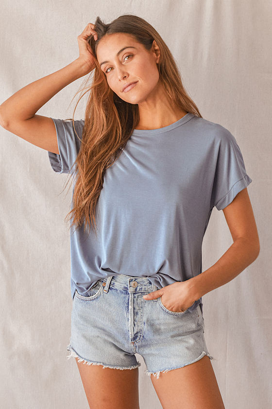 Dusty Blue T-Shirt - Modal Crew Neck Tee - Short Sleeve Tee - Lulus