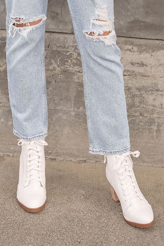 White Lace-Up Boots - High Heel Boots - Faux Leather Ankle Boots - Lulus