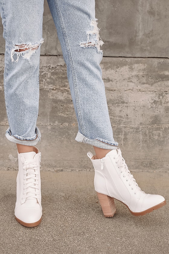 White Lace Up Boots High Heel Boots Faux Leather Ankle Boots Lulus