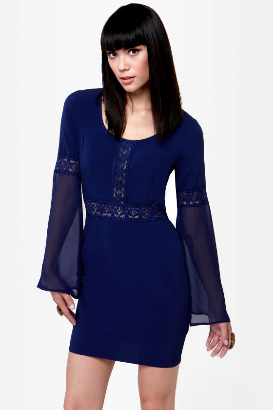 Pretty Lace Dress Navy Blue Dress Long Sleeve Dress 49 00 Lulus