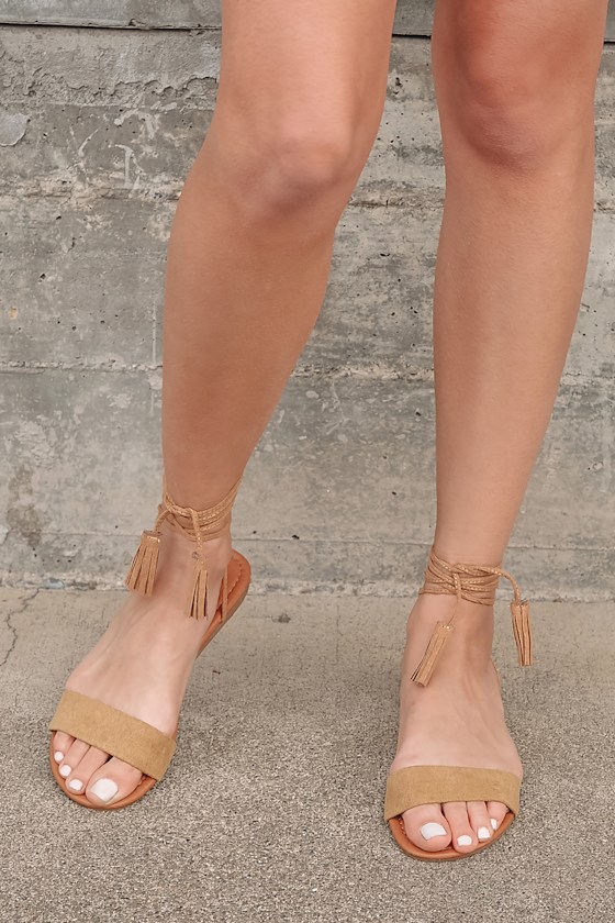 Lulus Leyla - Natural Suede Flat Sandals - Lace-Up Sandals