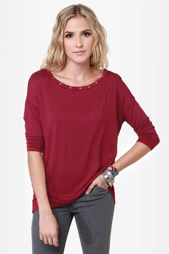 Cute Studded Top - Wine Red Top - Short Sleeve Top - $31.00 - Lulus