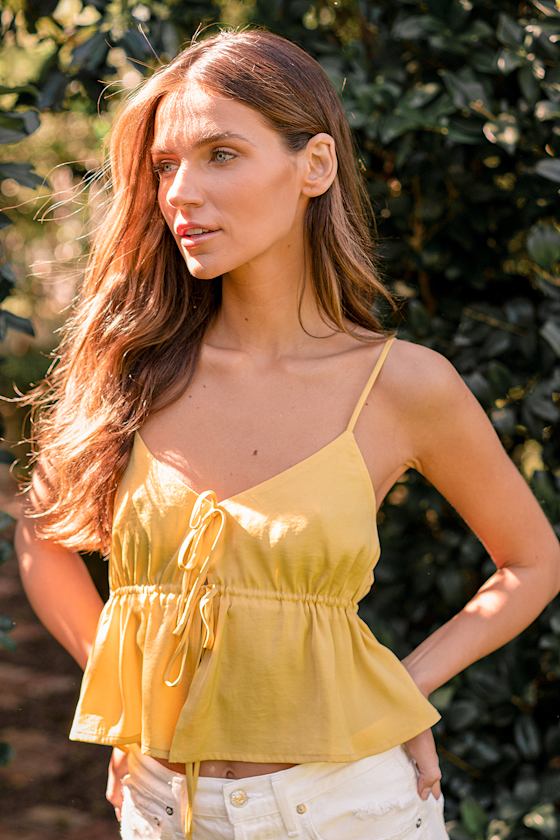 Mustard Satin Cami - Tie-Front Tank Top - Satin Peplum Tank Top - Lulus