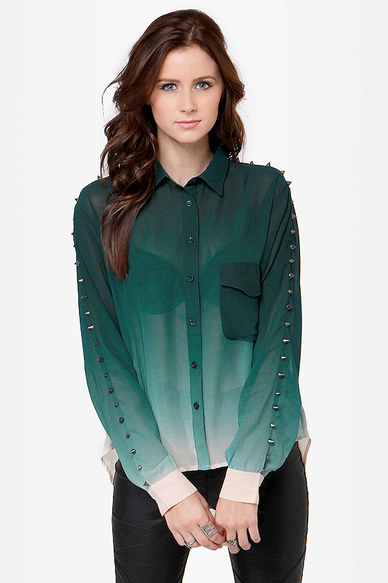 Cool Dark Green Top - Studded Top - Button-Up Top - Cutout Top - $45.00 ...