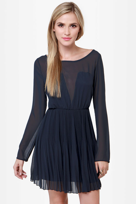 Pretty Navy Blue Dress - Pleated Dress - Long Sleeve Dress - $48.00 - Lulus