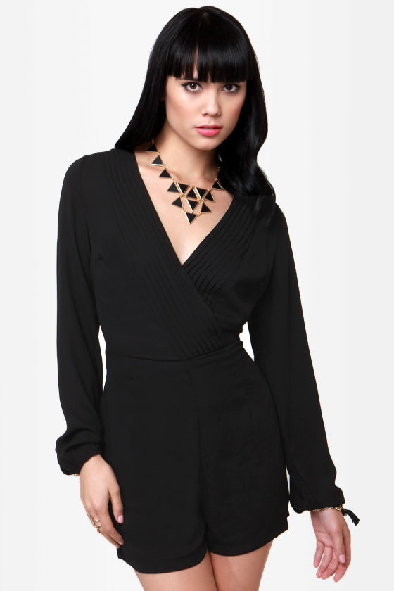 Sexy Black Romper Long Sleeve Romper 4700 Lulus