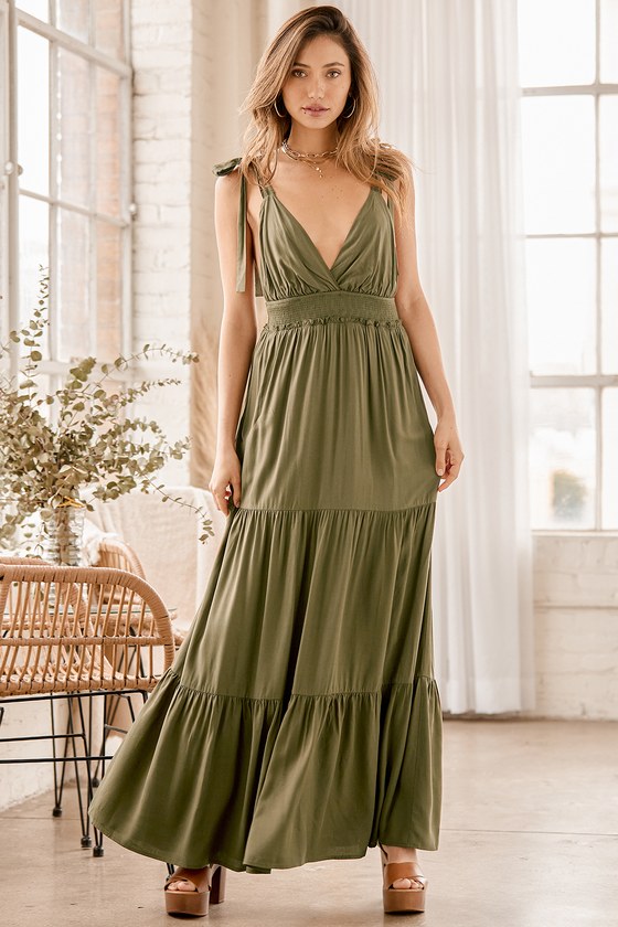 Olive Green Maxi Dress Tiered Maxi Dress Tie Strap Dress Lulus
