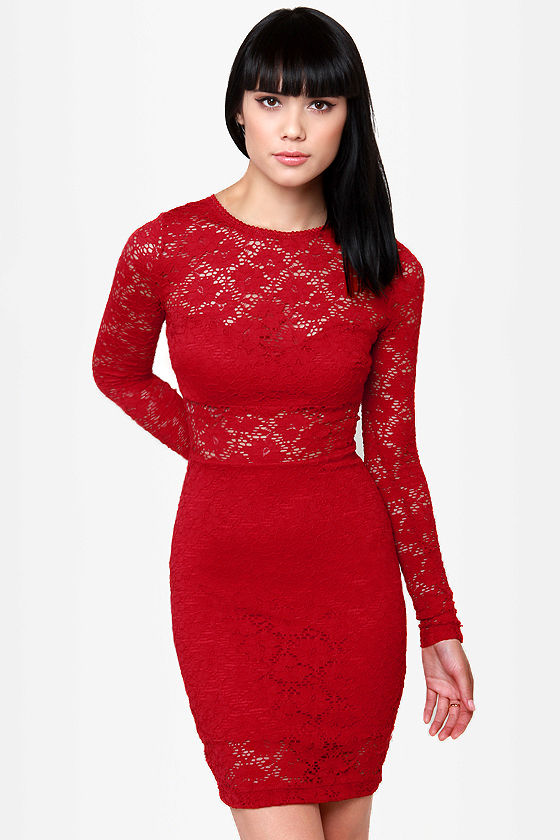 Sexy Lace Dress Red Dress Long Sleeve Dress Body Con Dress 41