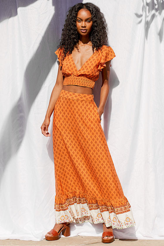 Orange Multi Print Dress - 2-Piece Dress - Ruffled Maxi Dress - Lulus